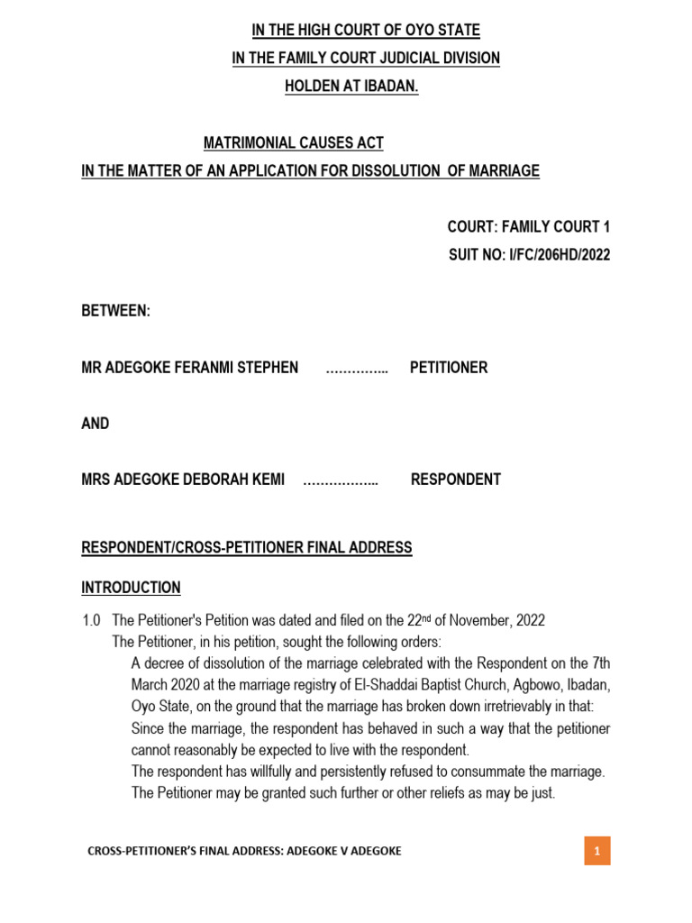 Final Address in Adegoke Divorce Case | PDF | Marriage | Divorce