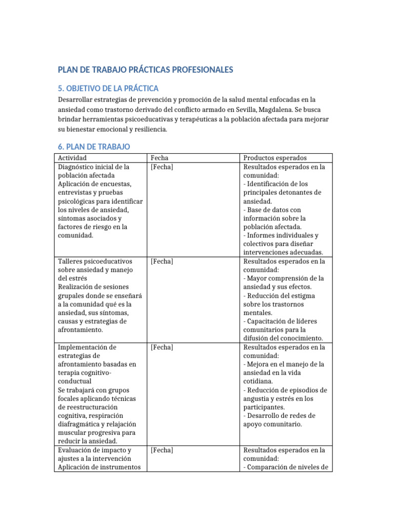 Plan de Trabajo Practicas Detallado | PDF | Ansiedad | Trastorno mental