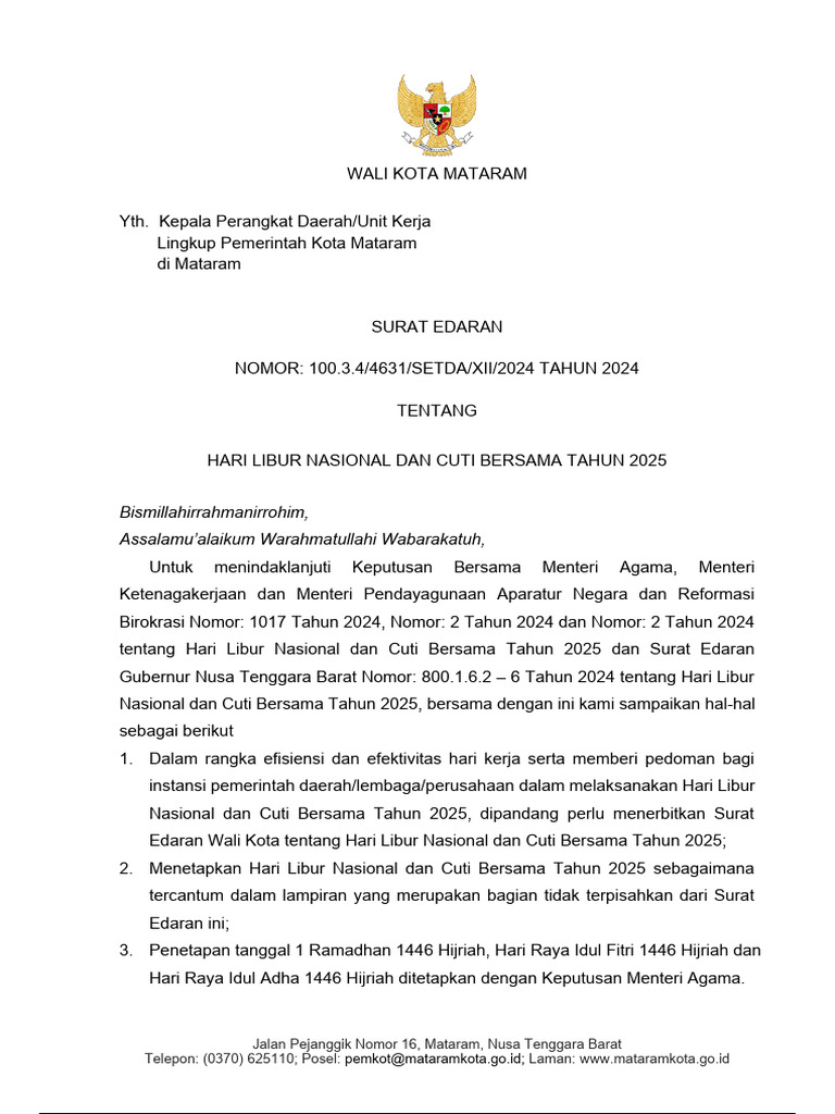 Surat Edaran Libur Nasional Dan Cuti Bersama 2025 | PDF