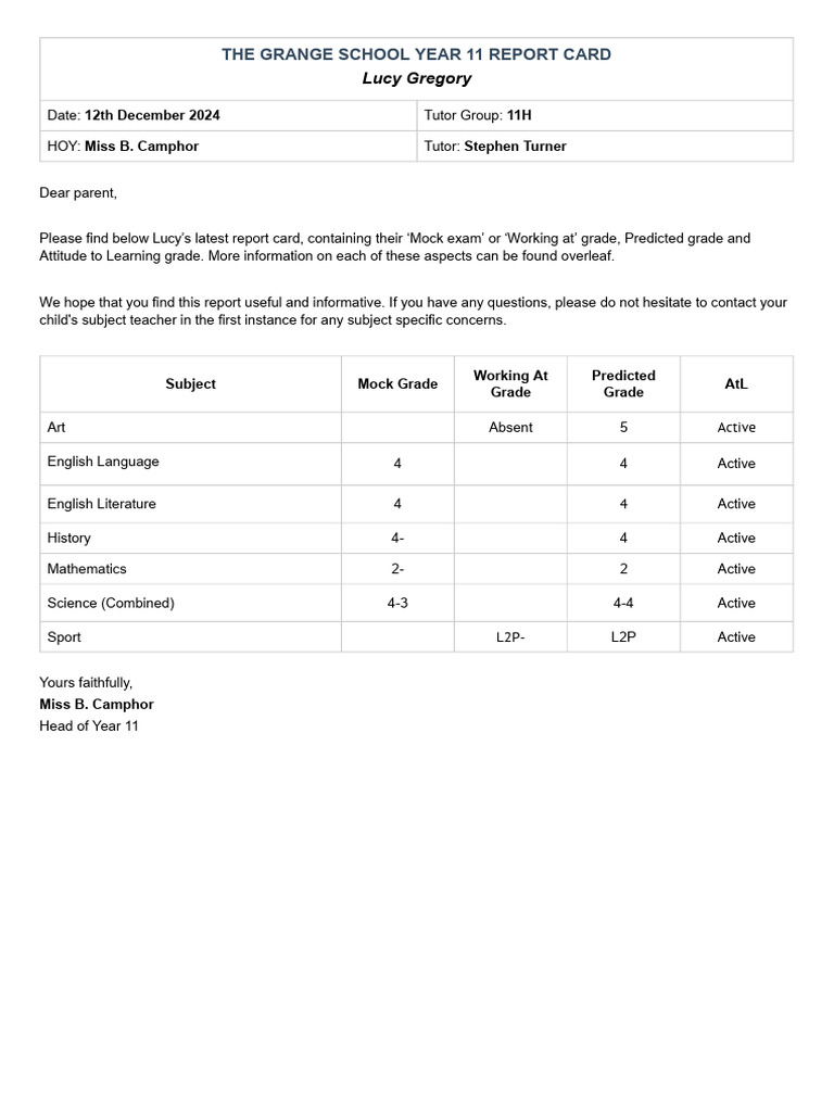 Year 11 Mock Exam Report Card | PDF | Learning | Cognition