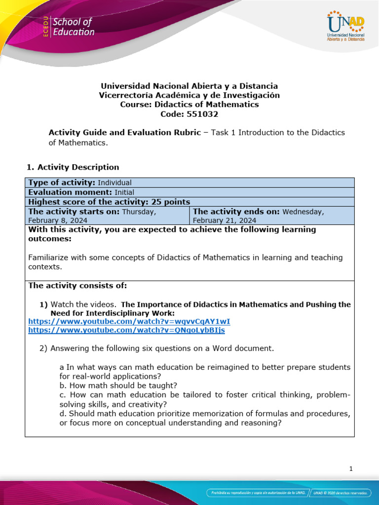 Activity Guide and Evaluation Rubric - Unit 1 - Task 1 - Understanding The Nature of Mathematics ...