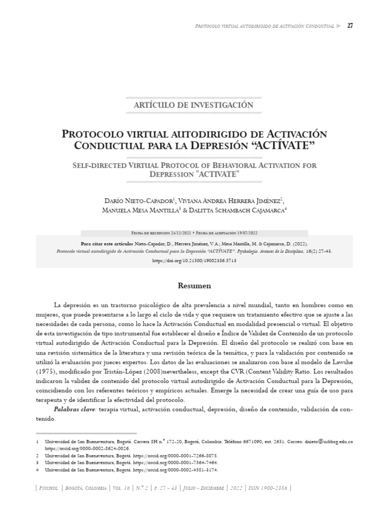 Protocolo Virtual Autodirigido Actívate | PDF | Trastorno depresivo mayor | Depresión (estado de ...