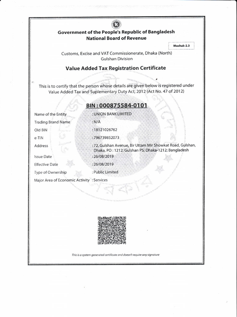 BIN Certificate of Union Bank LTD | PDF