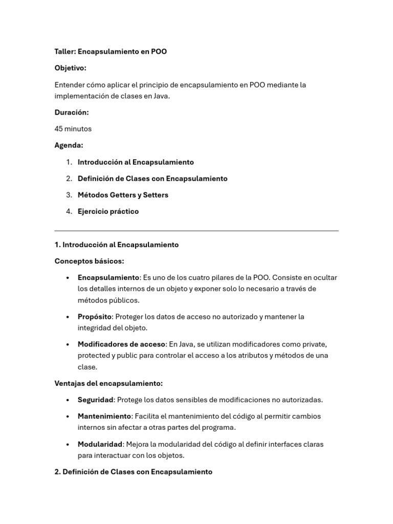 4 Taller Encapsulamiento en POO | PDF | Programación orientada a ...