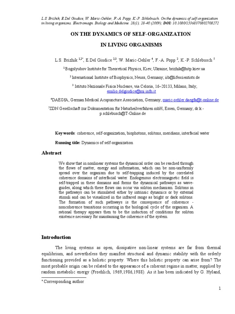 Dynamics of Self Organization in Living Organisms | PDF ...