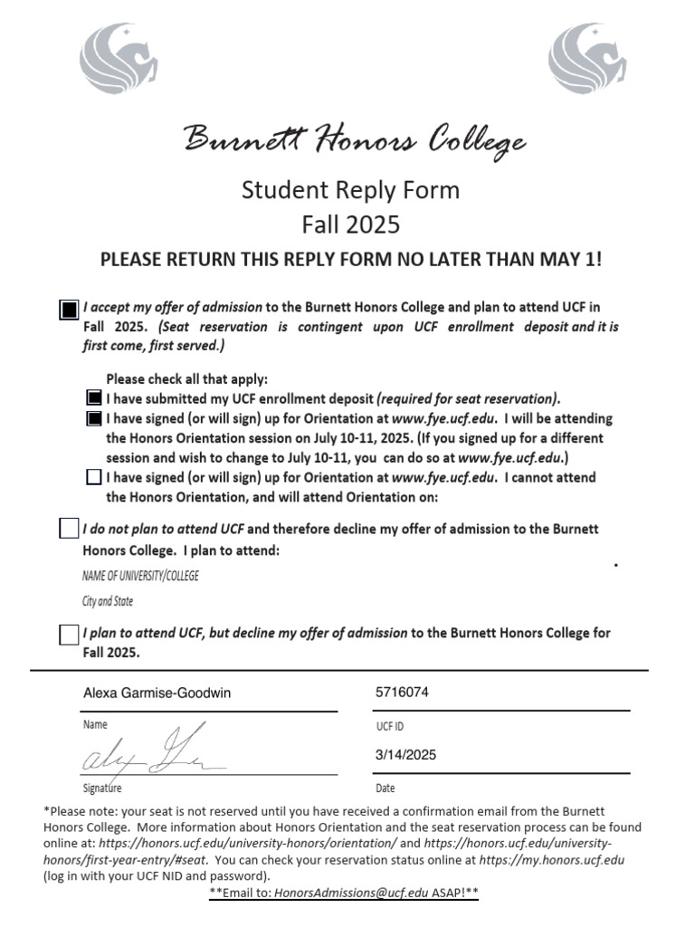 UCF Burnett Honors College Reply Form | PDF