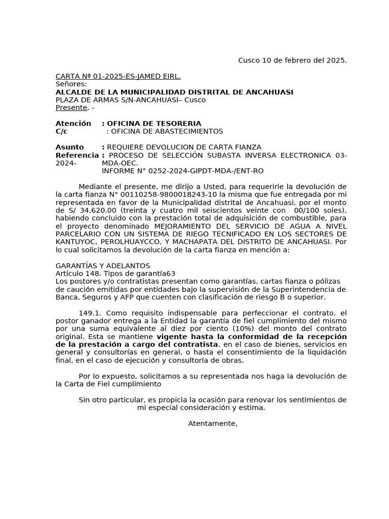 devolucion de carta de fianza | PDF