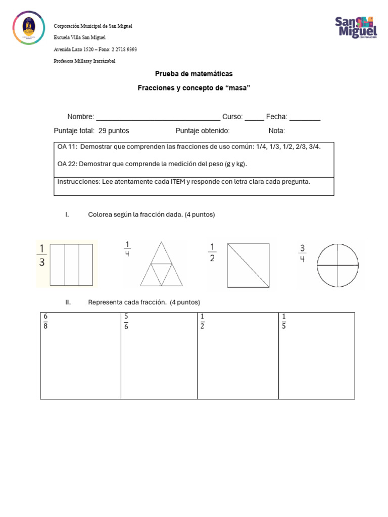 Prueba de Matemáticas: Fracciones y Masa | PDF | Matemáticas