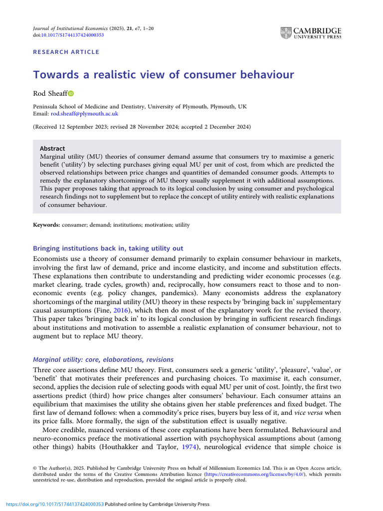 Towards A Realistic View of Consumer Behaviour | PDF | Utility | Demand