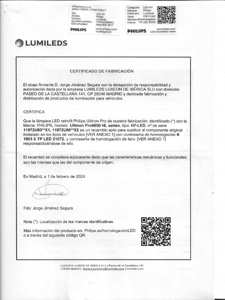 Certificado Luces Led | PDF