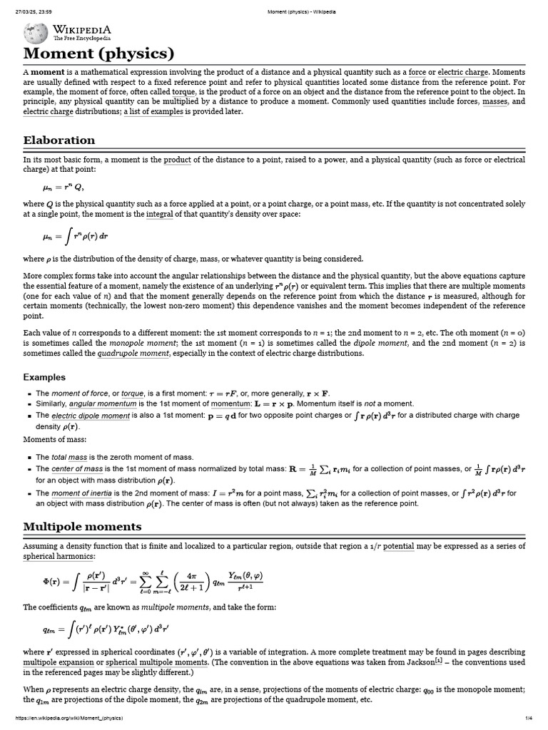 Moment (Physics) - Wikipedia | PDF | Physical Quantities | Physics