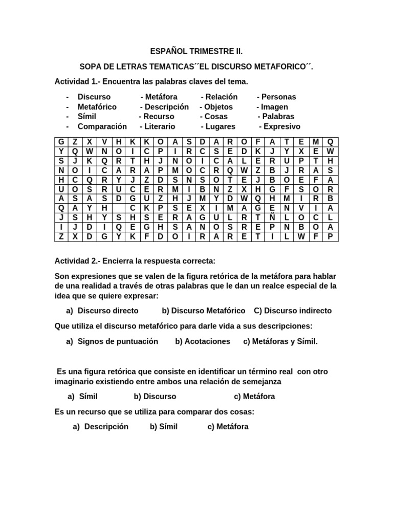 ESPAÑOL TRIMESTRE IIsopa Letras Metaforas | PDF | Metáfora