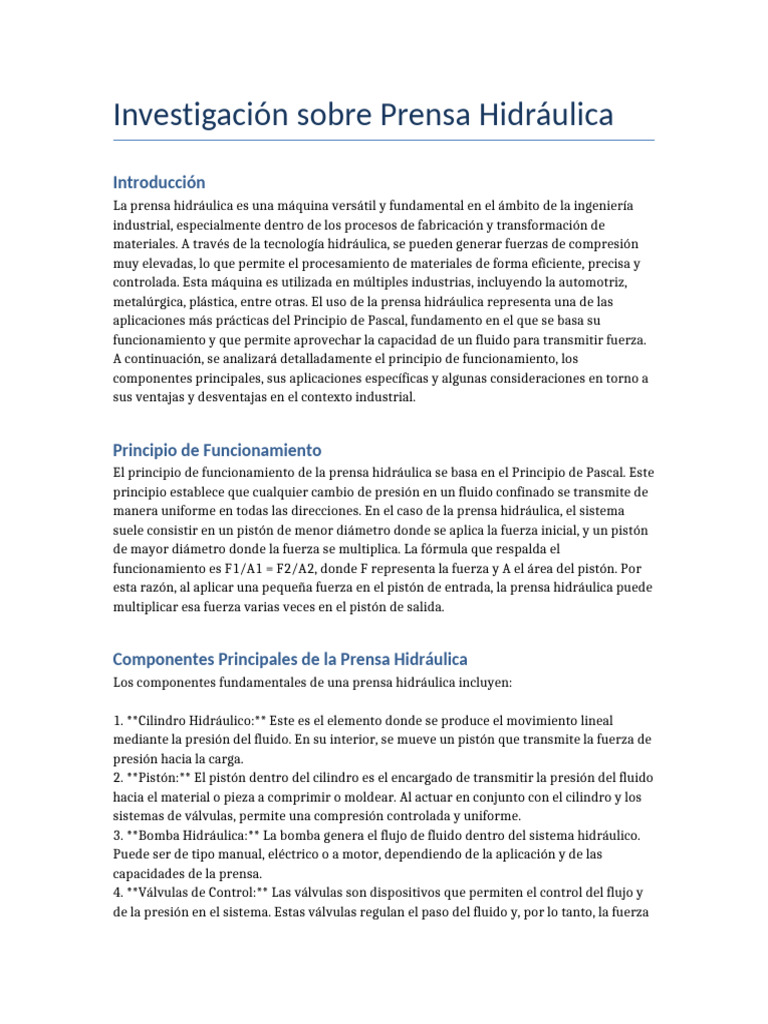 Prensa Hidráulica Funcionamiento Y Usos Pdf Presión Hidráulica