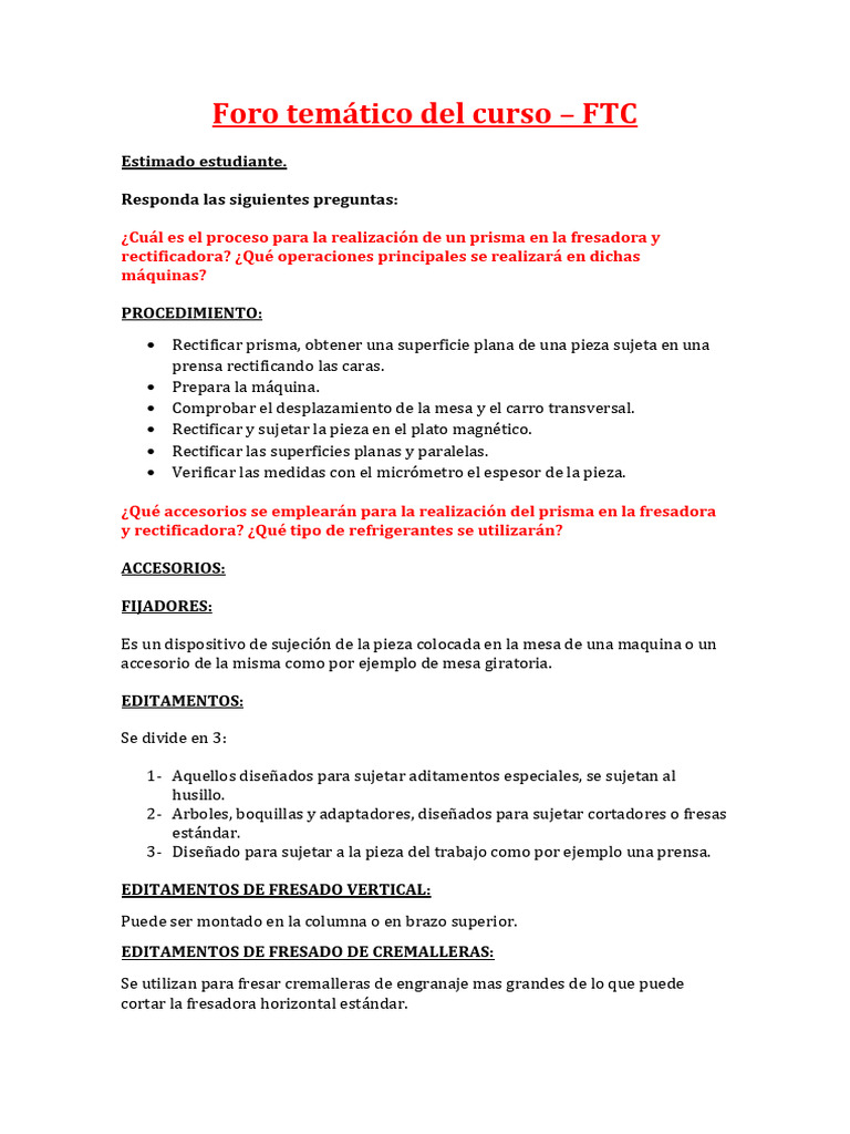 Foro Temático Del Curso 1 | PDF | Engranaje | Ingeniería mecánica