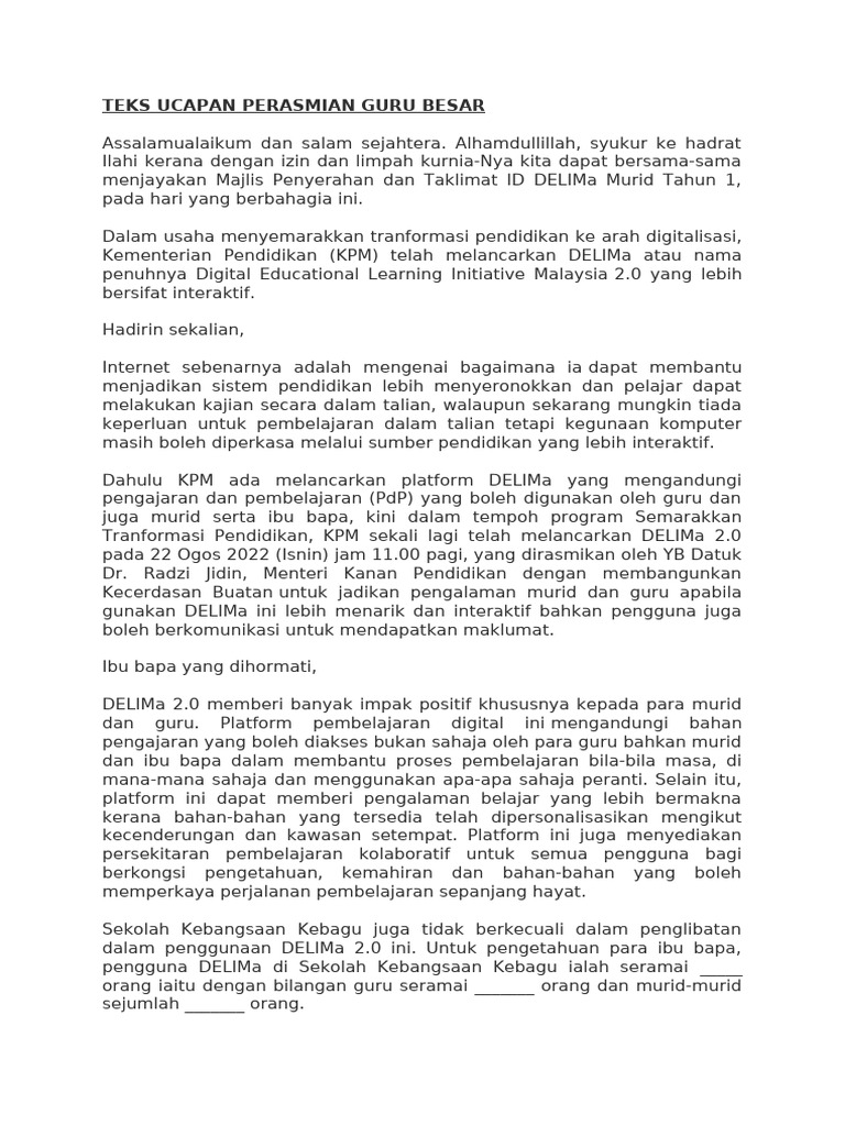 Teks Ucapan Perasmian Guru Besar Pemberian Id Delima TH1 | PDF