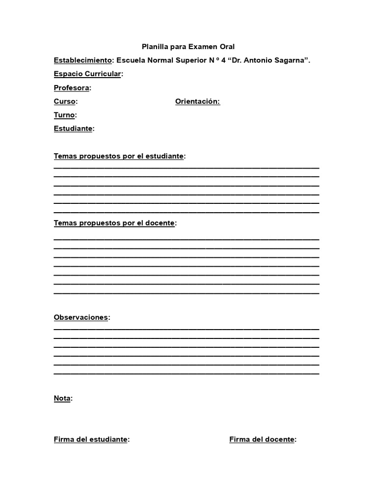 Planilla para Examen Oral | PDF