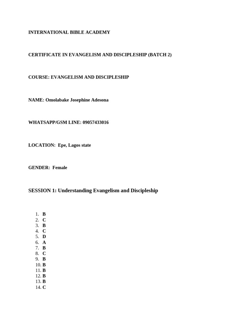 Answers To Evangelism and Discipleship Workbook | PDF | Disciple ...