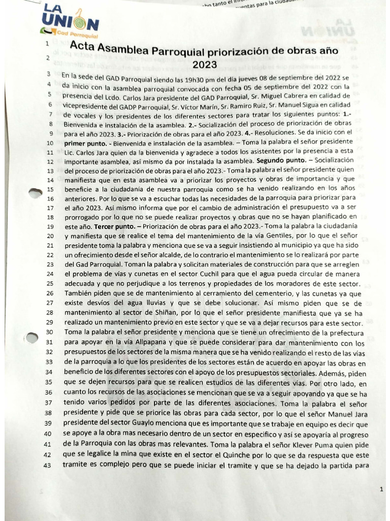 Acta Asamblea Priorizacion de Obras 2023 | PDF