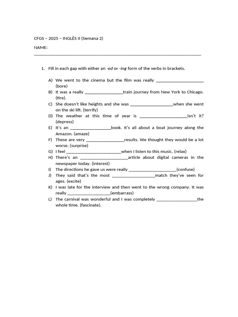 Adjective -ing and -ed Exercises | PDF