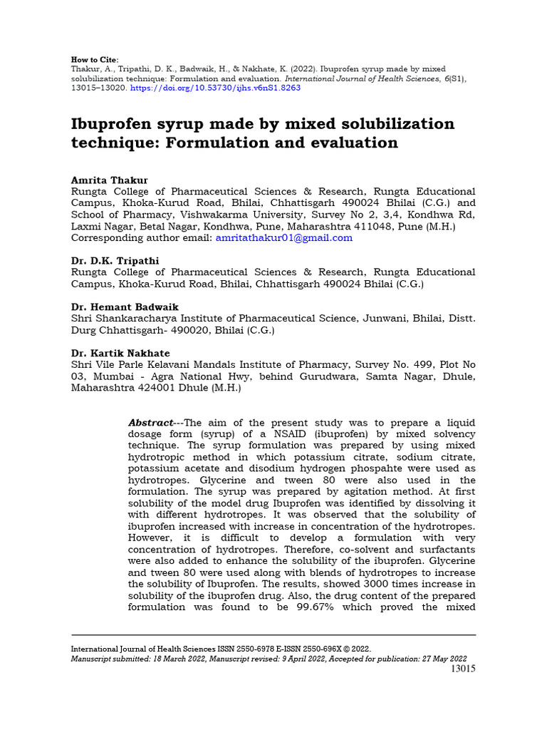 Ibuprofen Syrup Made by Solubilization Techniques - Formulation and ...