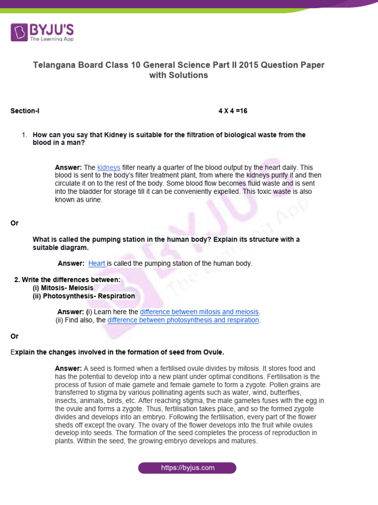 Telangana Board Class 10 Science Part II 2015 Question Paper With ...