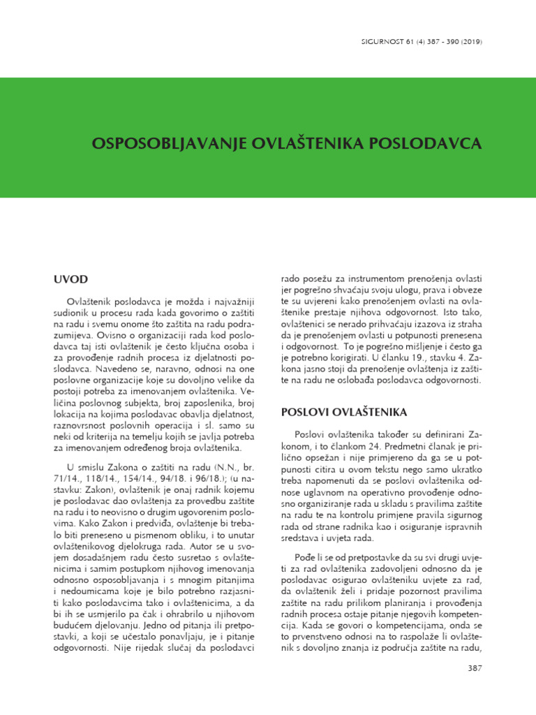 Osposobljavanje Ovlaštenika Poslodavca: SIGURNOST 61 (4) 387 - 390 (2019) | PDF