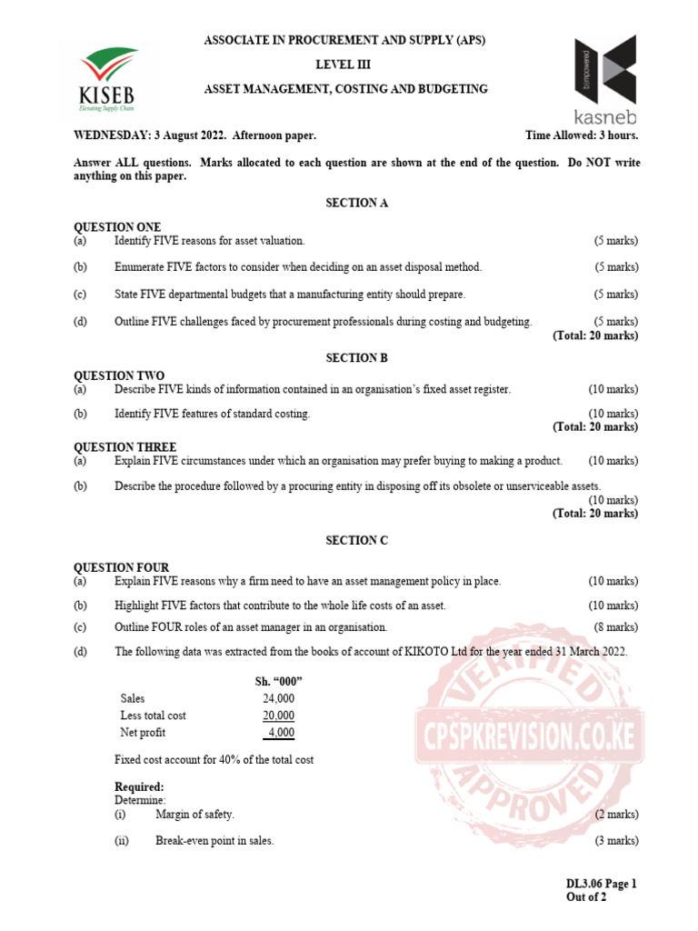 APS K Level III Asset Management Costing and Budgeting | PDF ...