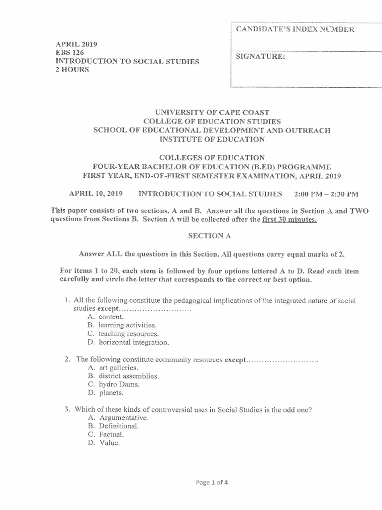 Introduction To Social Studies - 2019 End of Sem - Sect A | PDF