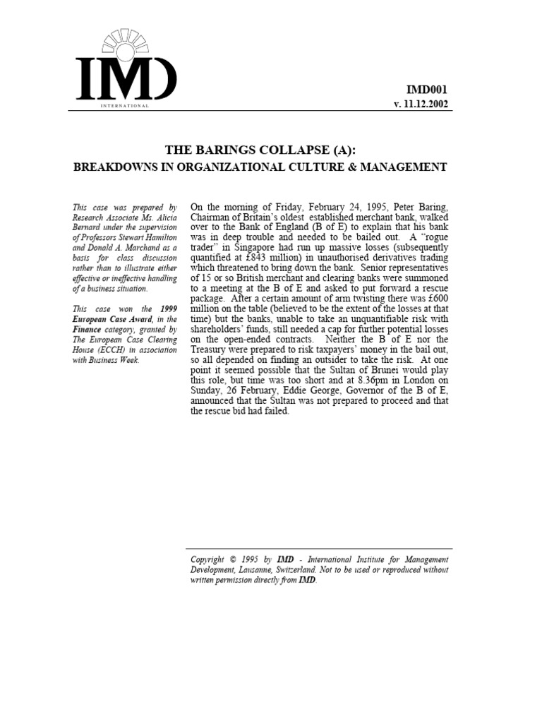 Barings Collapse (A) - Breakdowns in Organizational Culture ...