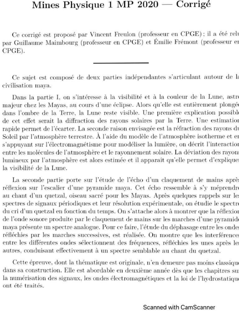Mines Physique 1 MP 2020-Corrigé | PDF