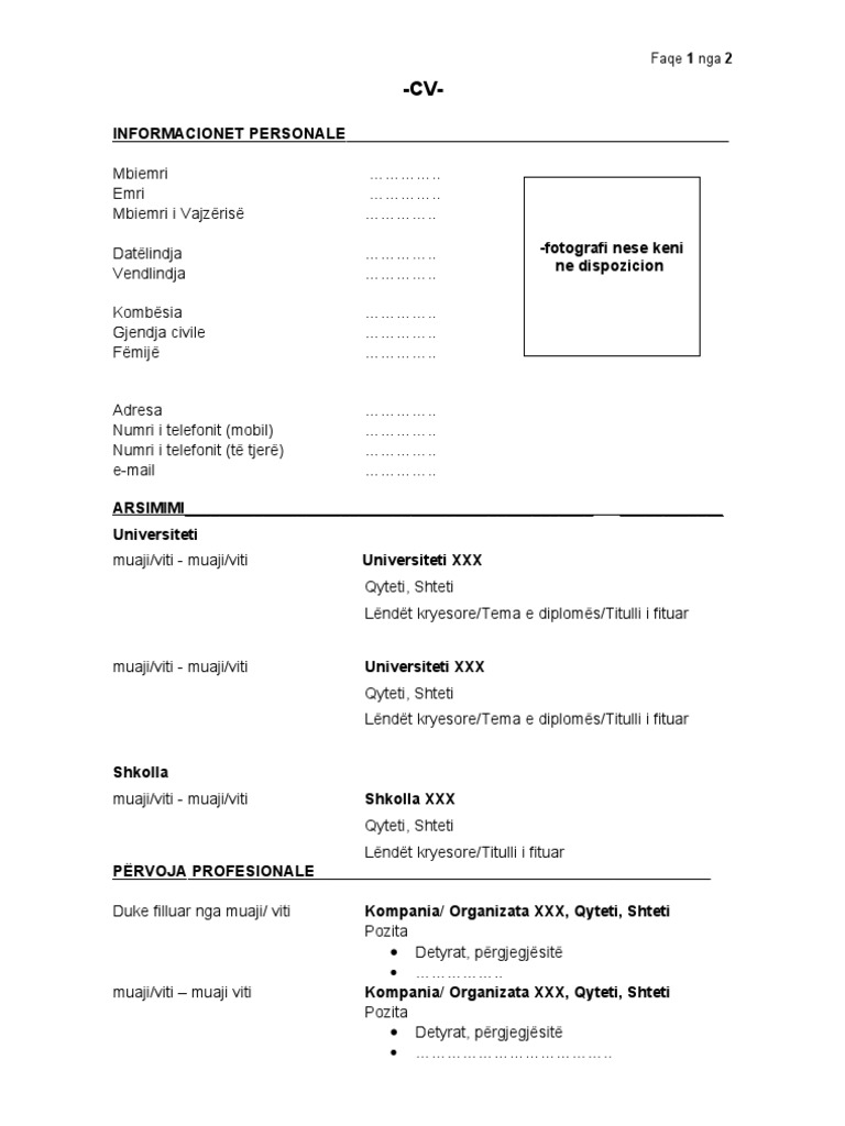 CV Standard Template-Shqip | PDF