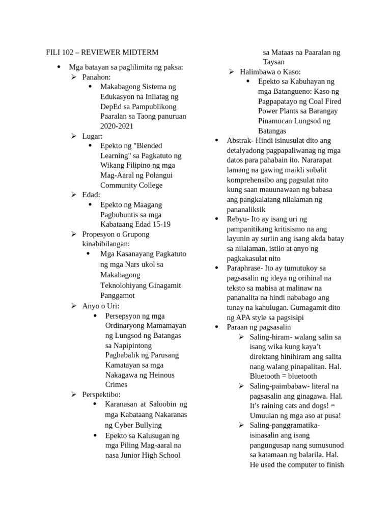 FILI 102 Reviewer For Midterm | PDF