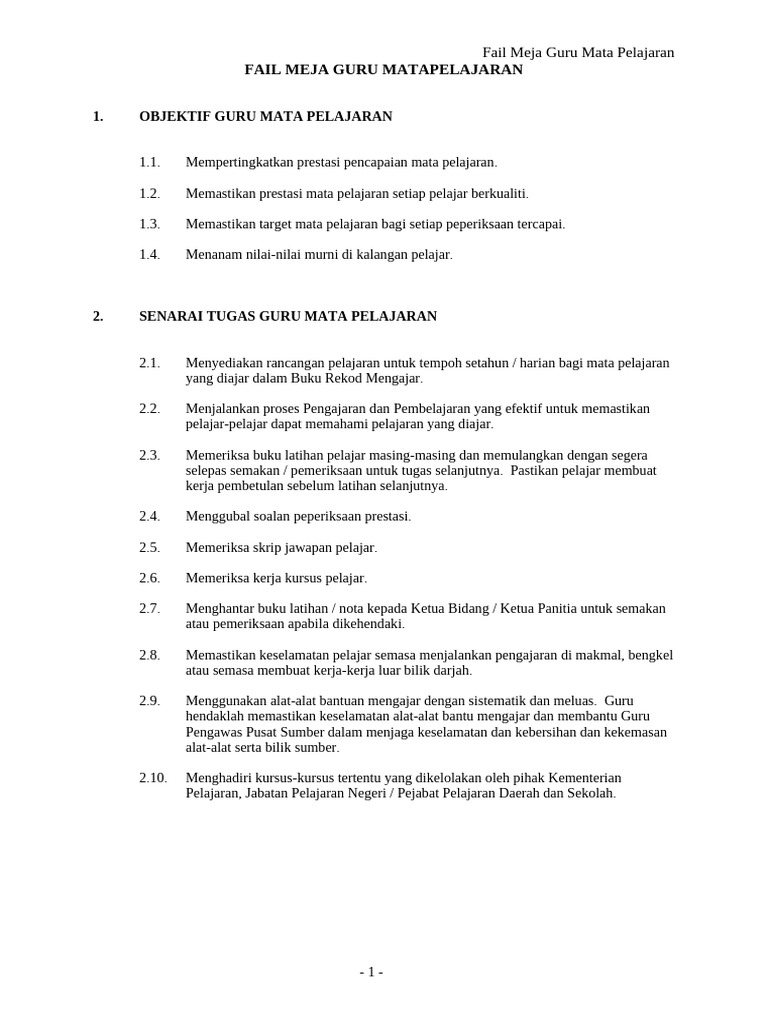 Fail Meja Guru Mata Pelajaran | PDF