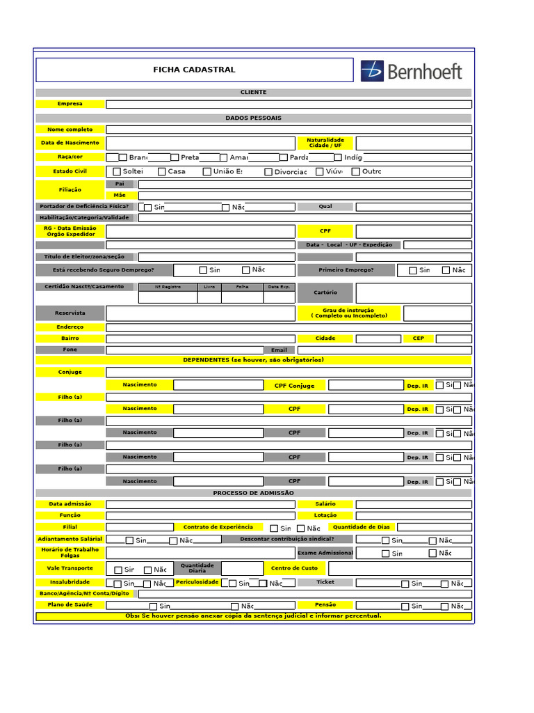 Ficha Cadastral Bernhoeft - UVA | PDF