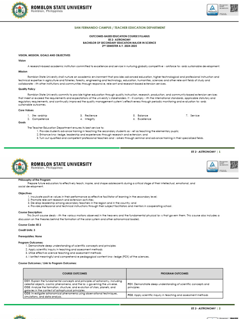 Syllabus in Astronomy 2024 2025 | PDF | Astronomy | Telescope