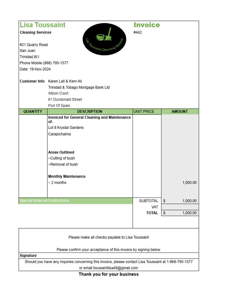 Lisa Toussaint Cleaning Services Invoice #435 2 | PDF