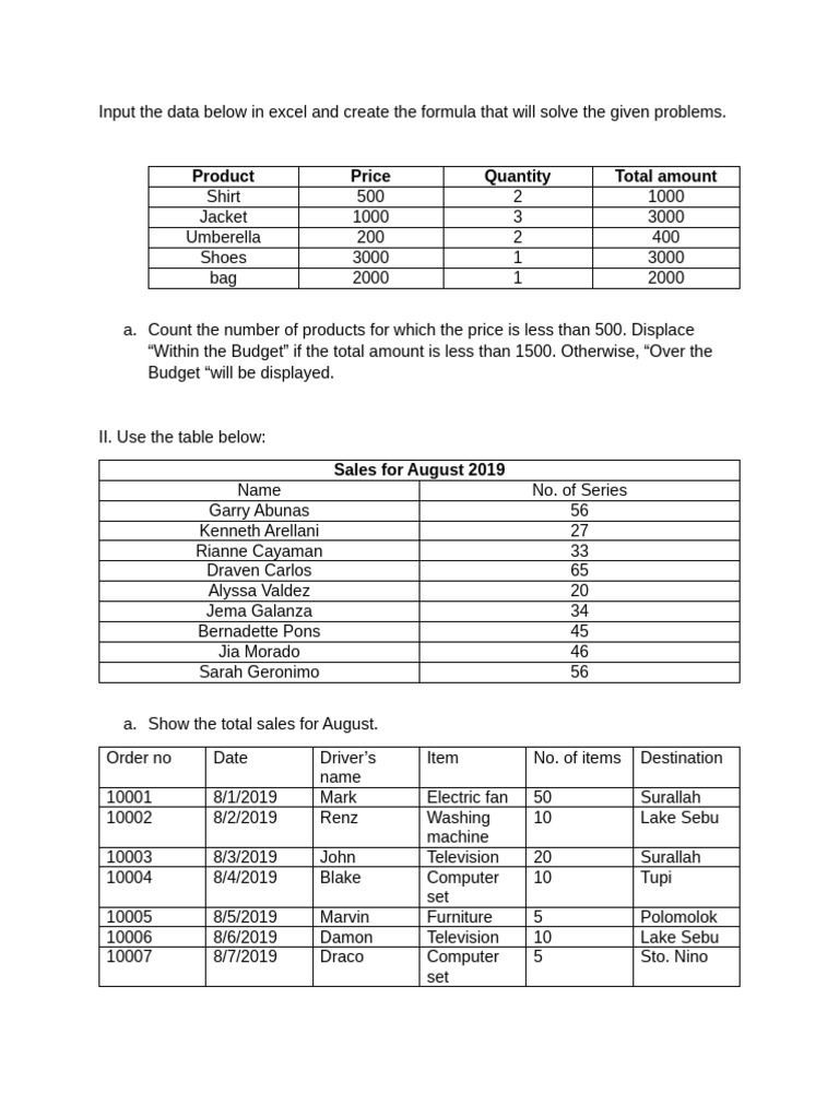 Input The Data Below in Excel and Create The Formula That Will Solve ...