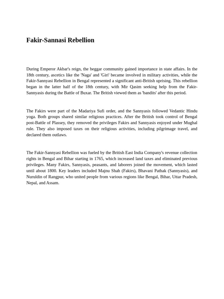 Fakir-Sannasi Rebellion | PDF