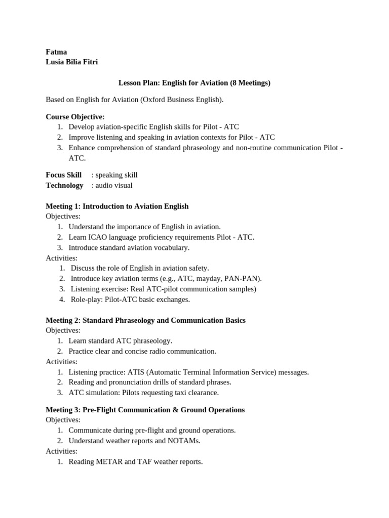 English for Aviation Lesson Plan | PDF | Air Traffic Control ...
