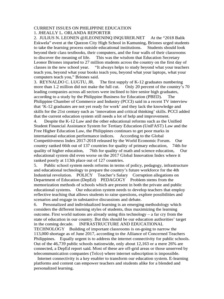 Current Issues On Philippine Education | PDF | Teachers