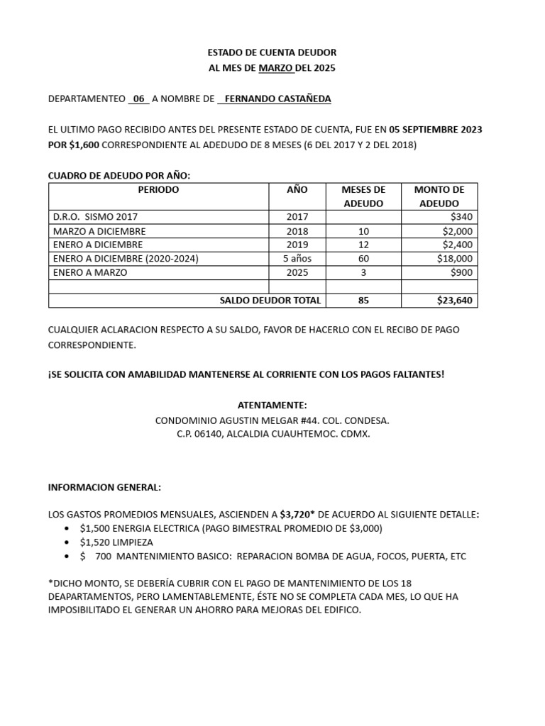 Adeudo Depa 06 A Marzo 2025 | PDF
