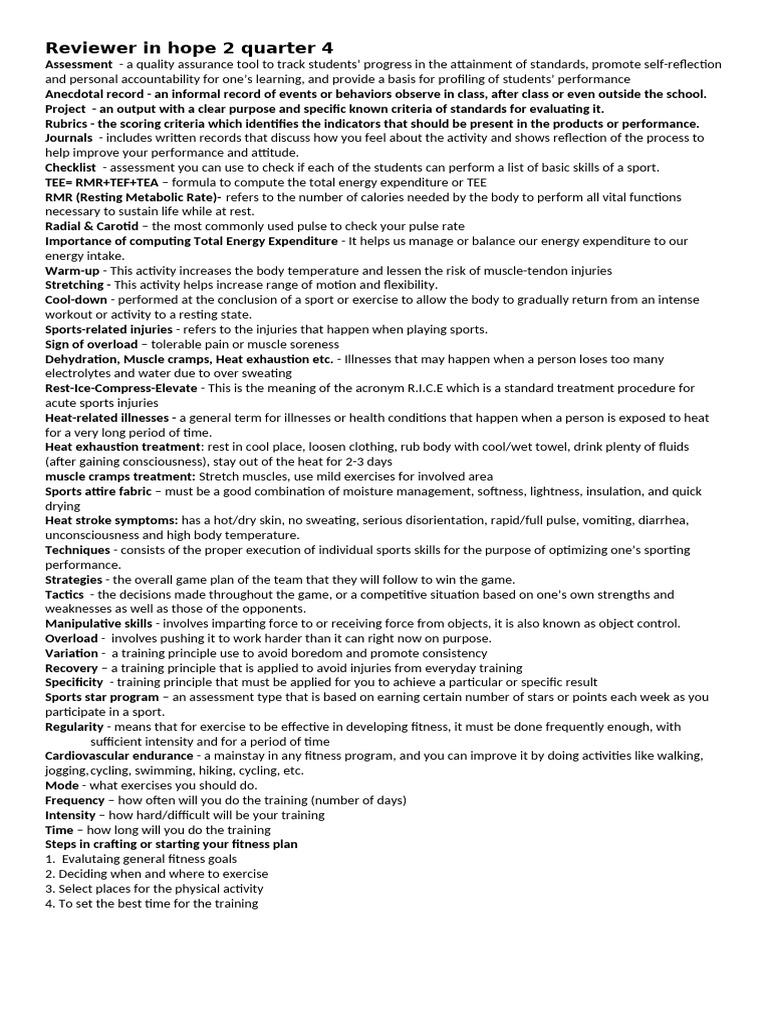 HOPE 2 4th QUARTER EXAM Reviewer | PDF | Physical Fitness | Diseases ...