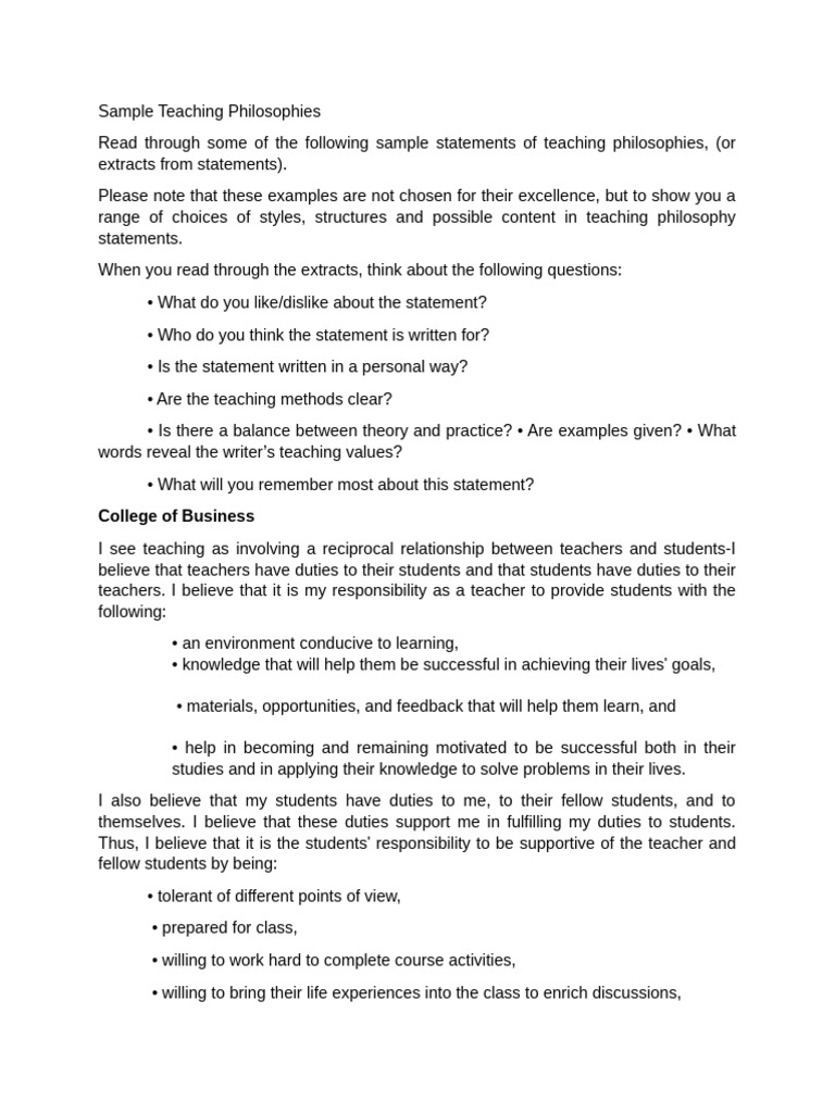 Sample Teaching Philosophies 1 | PDF | Teachers | Learning
