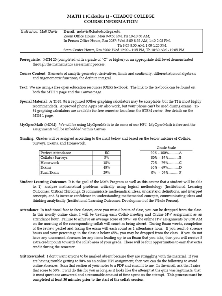 MTH 1 Syllabus Fall 2023 | PDF | Mathematics