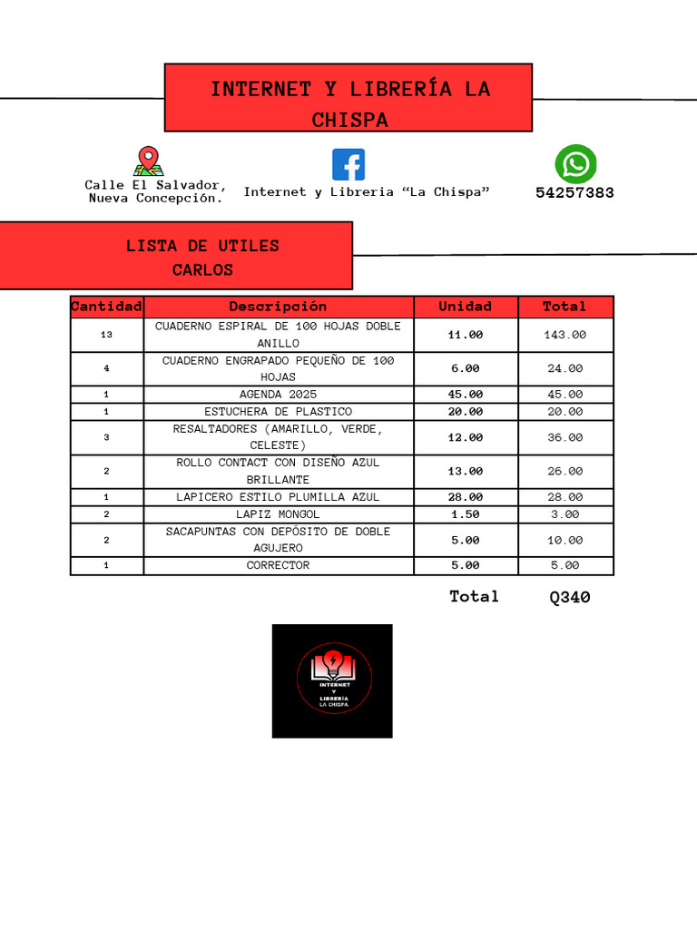 Lista de útiles para Carlos Alas | PDF