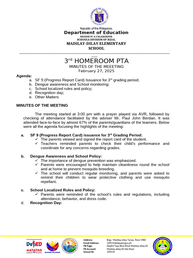 3rd Homeroom PTA Meeting Minutes | PDF