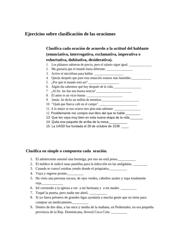Ejercicios de clasificación de oraciones | PDF