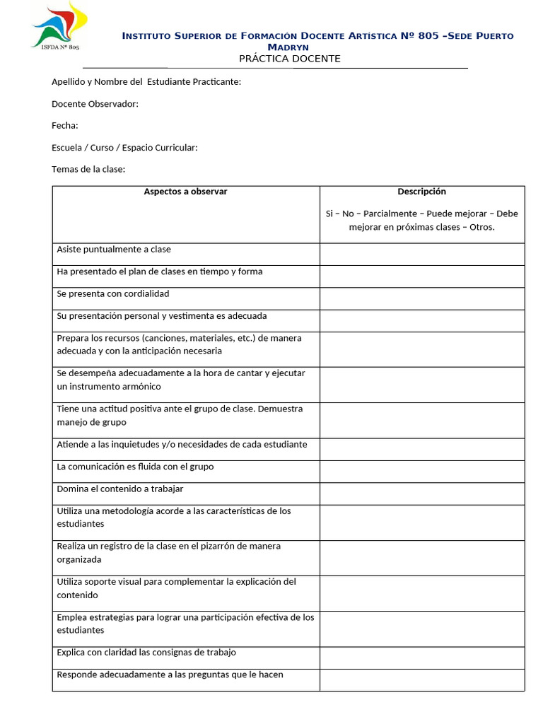 Planilla de Evaluación de Práctica | PDF