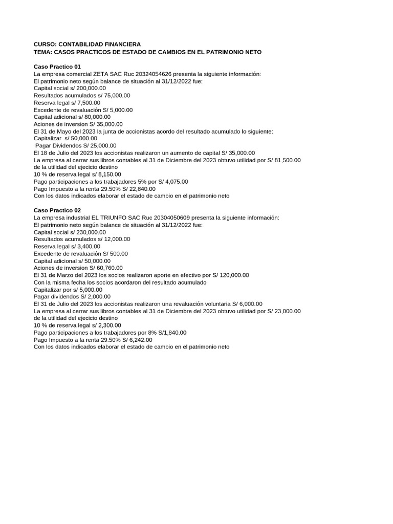 9.- Caso practico Estado de cambios en el patrimonio neto | PDF | Contabilidad | Valor neto