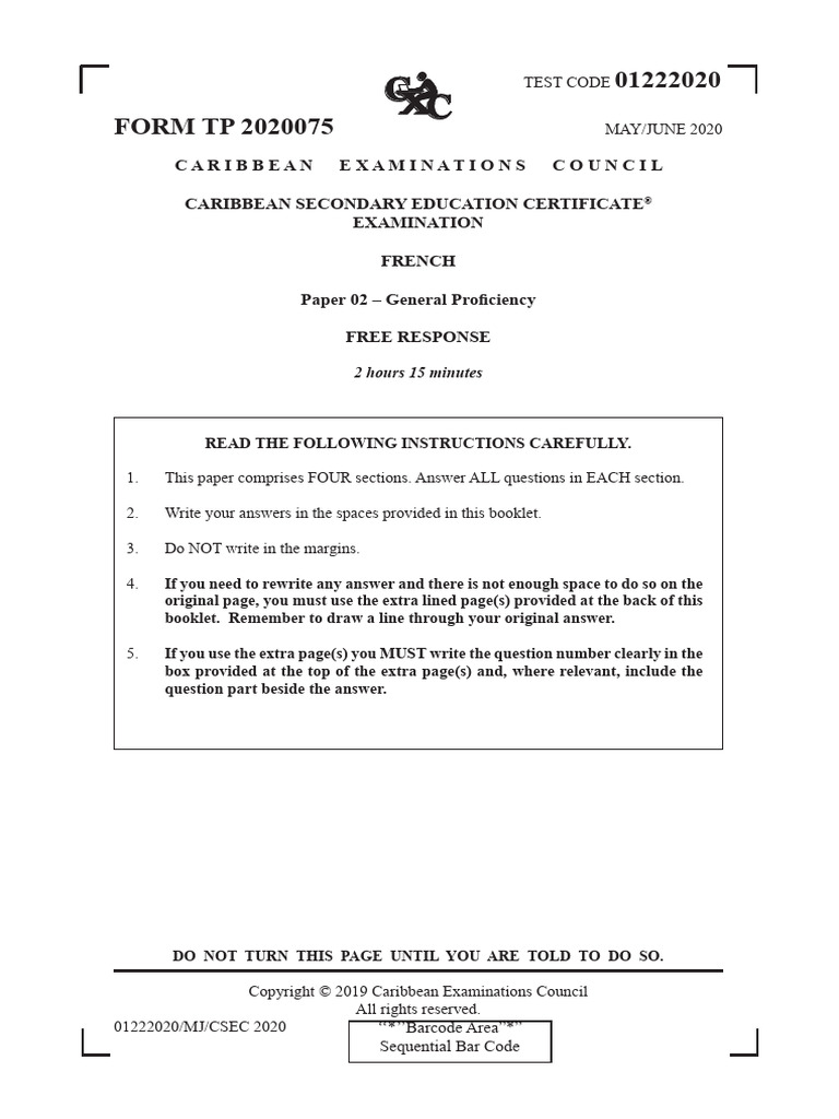 CSEC French P2 2020 MJ | PDF | Barcode